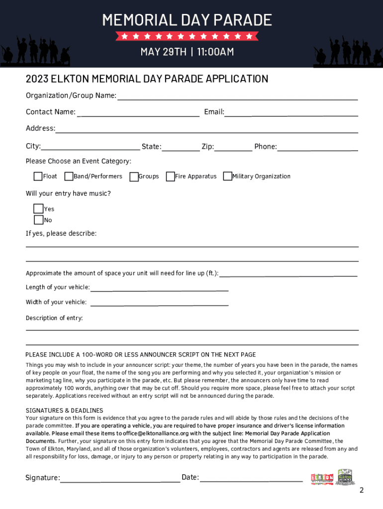 Fillable Online 2023 Memorial Day Parade Entry Form Fax Email Print ...