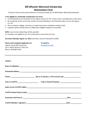 Fillable Online Bill Wheeler Memorial Scholarship Nomination Form Fax Email Print - pdfFiller