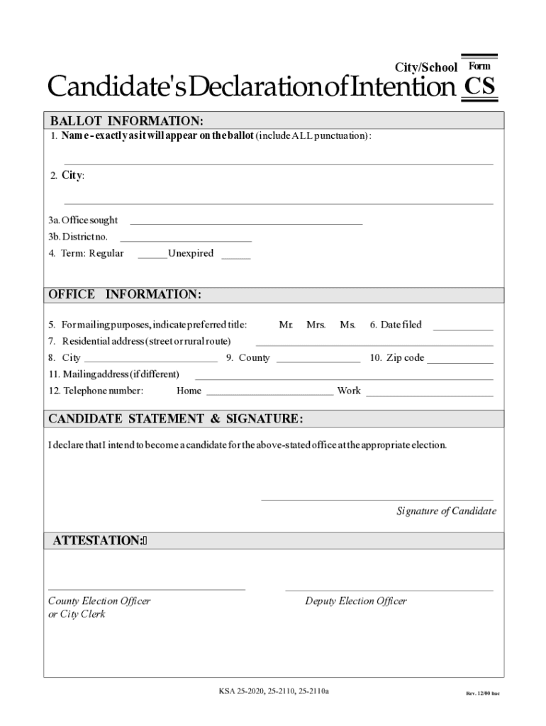 Fillable Online Candidate's Declaration of Intention CS Fax Email Print - pdfFiller