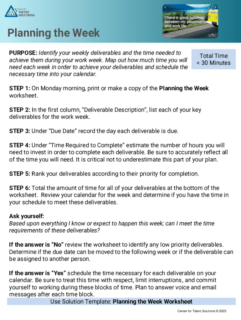 Fillable Online 7 Steps to a Productive Weekly Work Plan - Free ...