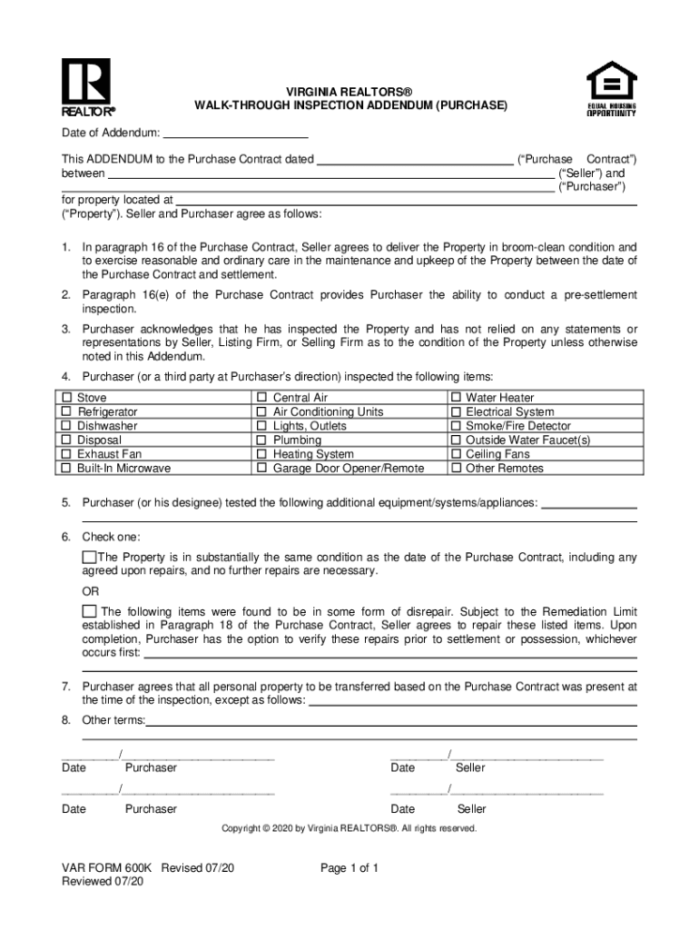 Fillable Online Virginia-REALTORS-Form-600K-Walk-Through-Inspection- ... Fax Email Print - pdfFiller