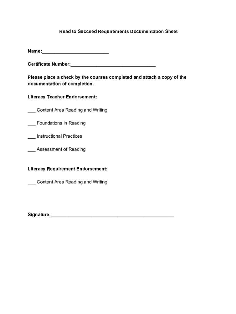 Fillable Online Read to Succeed Requirements Documentation Sheet Fax ...