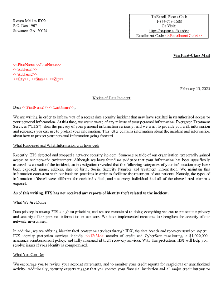 Fillable Online Via First-Class Mail February 13, 2023 Notice of Data ...
