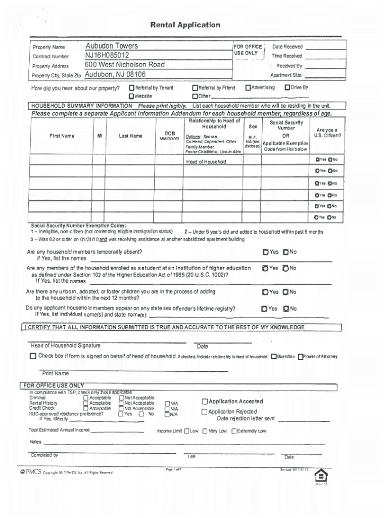 Fillable Online Audubon Towers - Apartments at 600 W Nicholson Rd ...