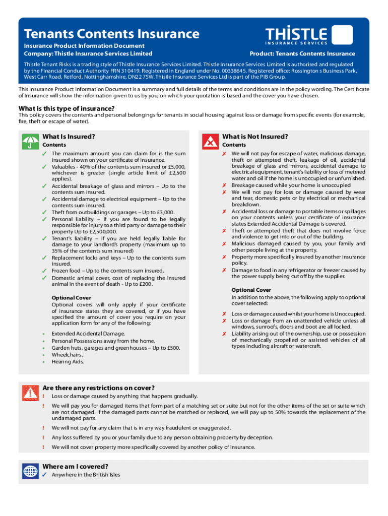 Fillable Online Thistle Tenants Contents Insurance Information Form ...