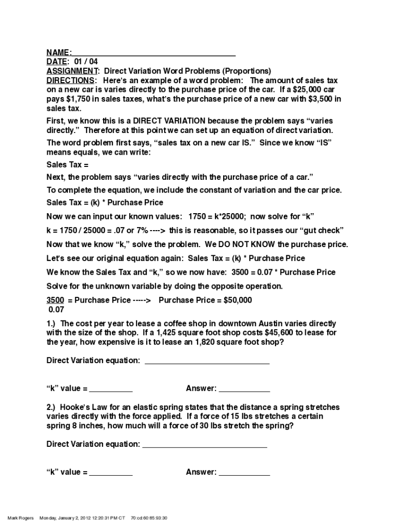 Fillable Online Direct variation word problem: filling gas - Khan ...