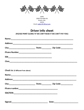 Fillable Online Driver info sheet Fax Email Print - pdfFiller