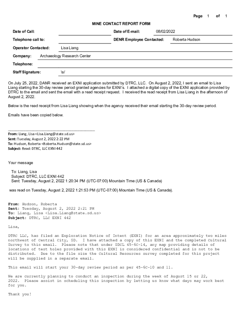 Fillable Online of 1 MINE CONTACT REPORT FORM Date of Call Fax Email ...