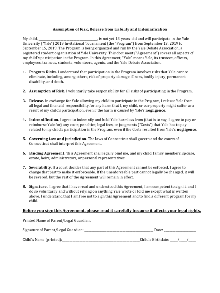 Fillable Online Assumption of Risk, Release from Liability and ... Fax ...