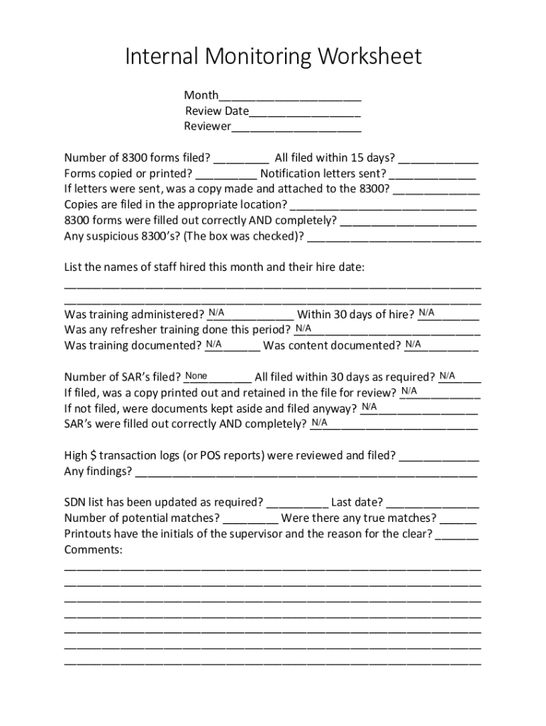 Fillable Online Internal Monitoring Worksheet Fax Email Print - pdfFiller
