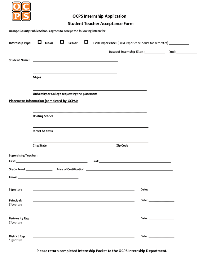 Fillable Online OCPS Internship Application Student Teacher Acceptance ... Fax Email Print ...