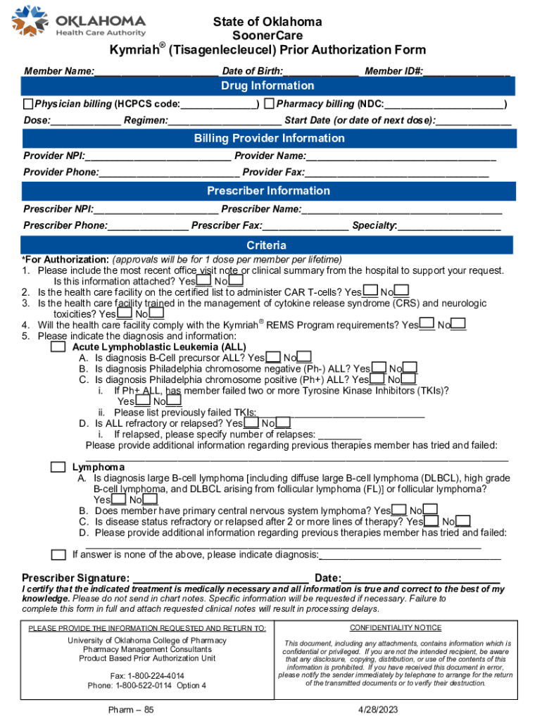 Fillable Online Tisagenlecleucel (Kymriah) Prior Authorization Form ...