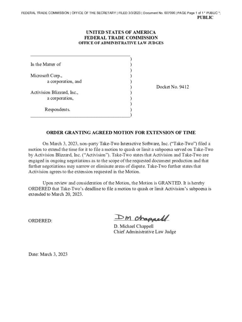 Fillable Online Order Granting Agreed Motion for Extension of Time - Non-Party Take-Two ...