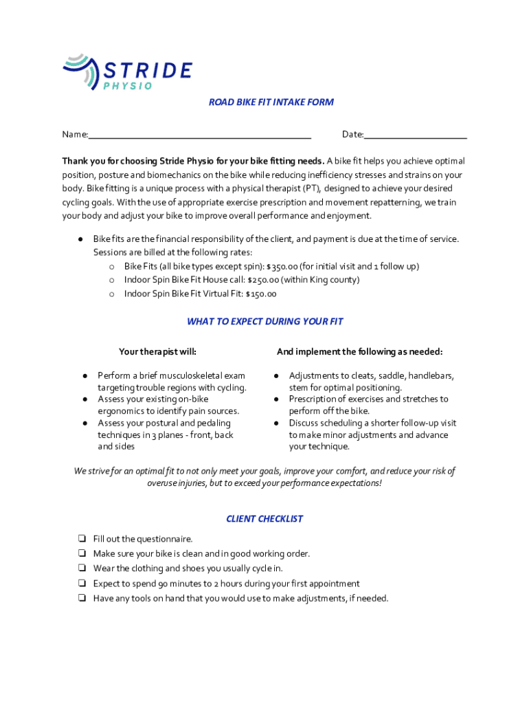 Fillable Online Road Bike Fit Intake Form Fax Email Print - pdfFiller
