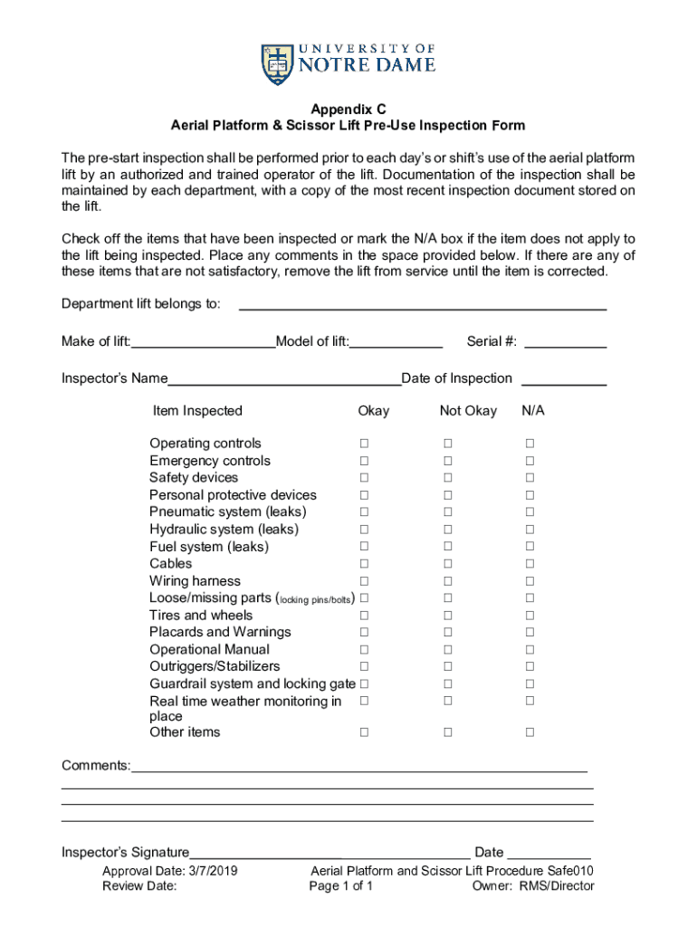 Fillable Online Aerial Platform & Scissor Lift Pre-Use Inspection Form ...