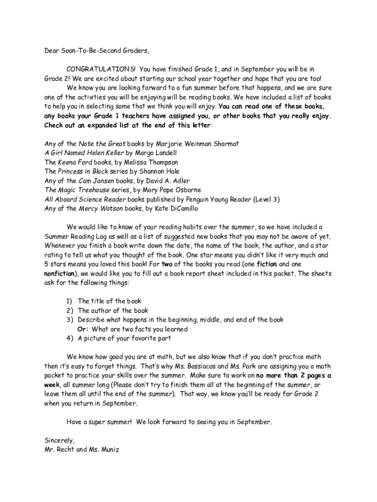 Fillable Online Dear Soon-To-Be-Second Graders, Fax Email Print - pdfFiller