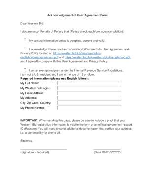 Fillable Online Acknowledgement of User Agreement Form Fax Email Print ...