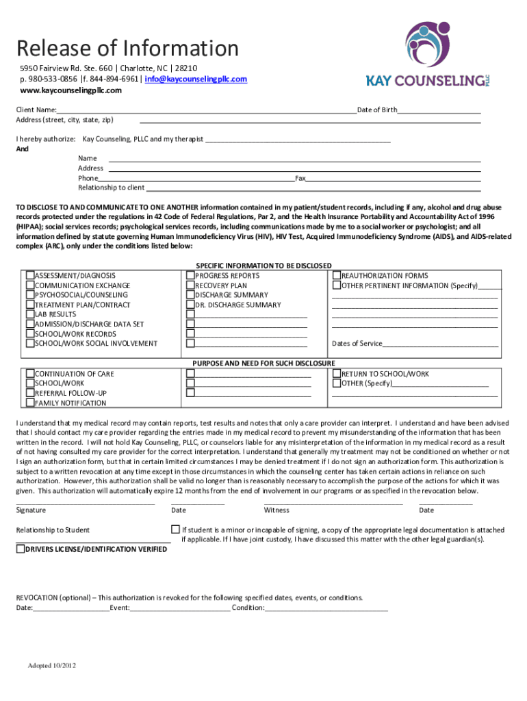 Fillable Online Kay Counseling Release Form Fax Email Print - pdfFiller