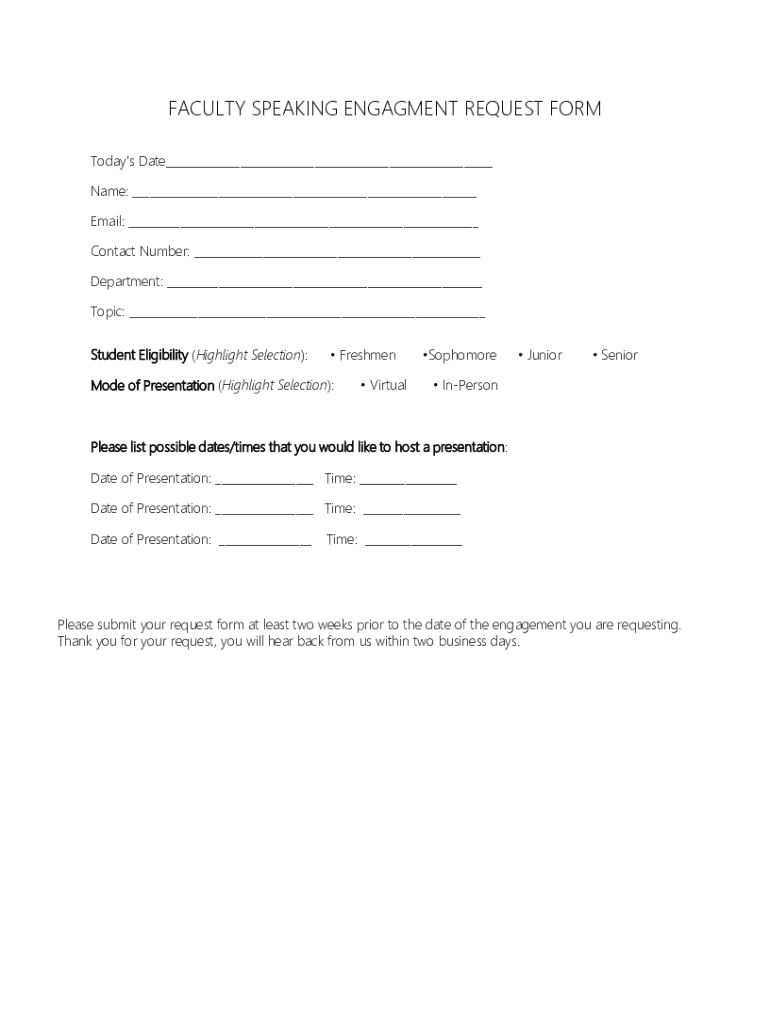 Fillable Online Faculty Speaking Engagement Request Form Fax Email ...
