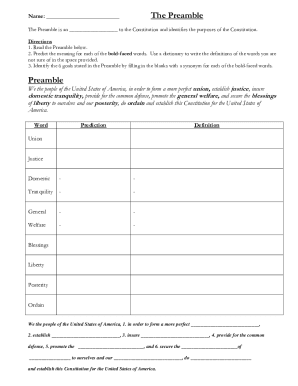 Fillable Online The Preamble is an to the Constitution and identifies ...