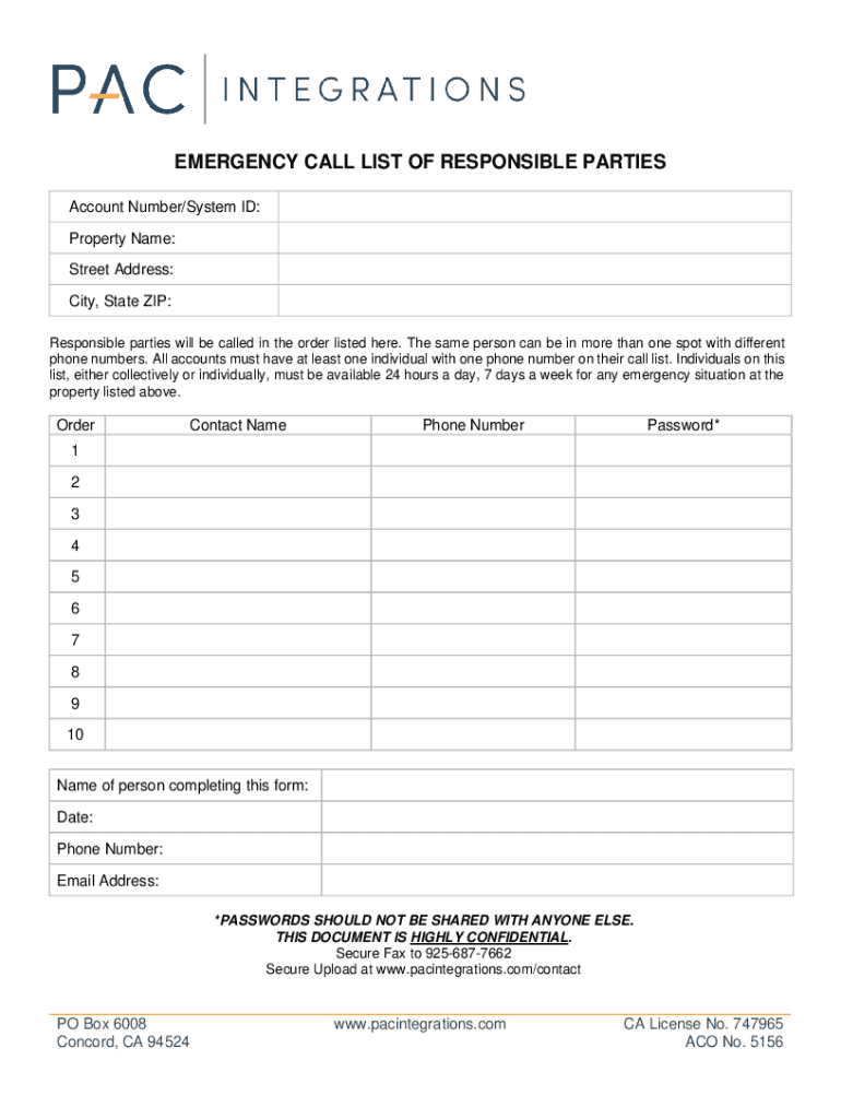 Fillable Online EMERGENCY CALL LIST OF RESPONSIBLE PARTIES Fax Email ...