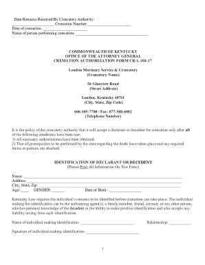 Fillable Online Cremation Authorization Form CR-1 - Grissom-Martin ...