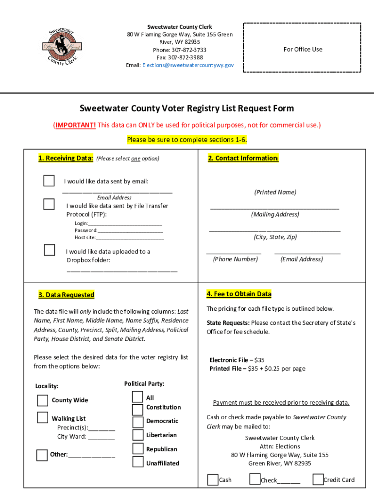Fillable Online Sweetwater County Voter Registry List Request Form Fax ...