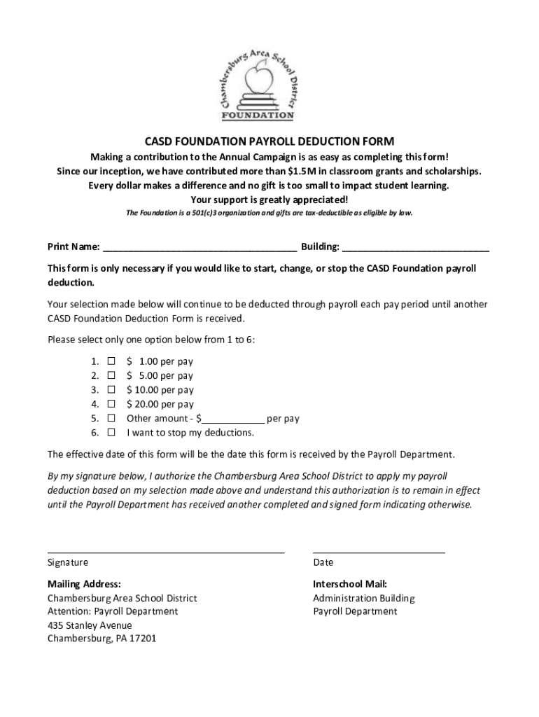 Fillable Online CASD FOUNDATION PAYROLL DEDUCTION FORM Fax Email Print ...