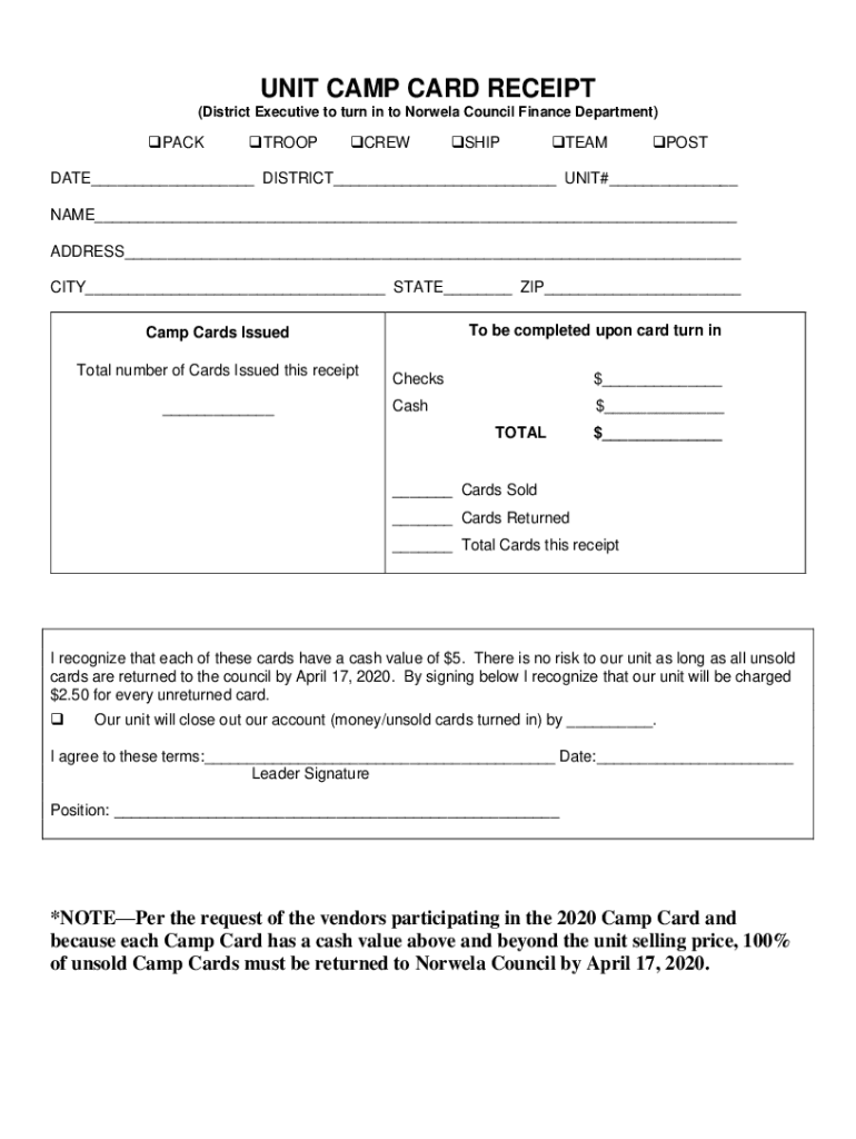Fillable Online UNIT CAMP CARD RECEIPT Fax Email Print - pdfFiller