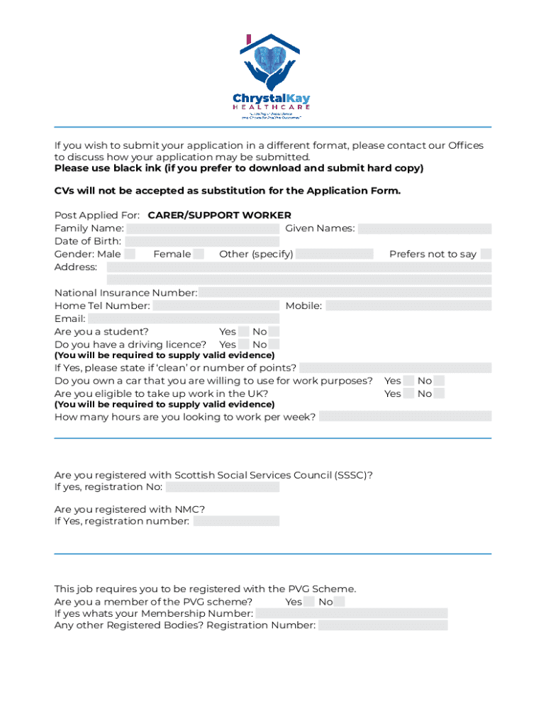Fillable Online Chrystal Kay Healthcare APPLICATION FORM Fax Email ...