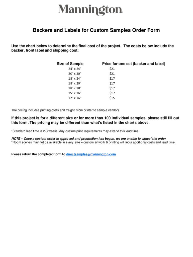 Fillable Online Backers and Labels for Custom Samples Order Form Fax ...