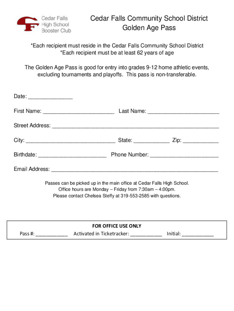 Fillable Online Cedar Falls Community School District Golden Age Pass ...