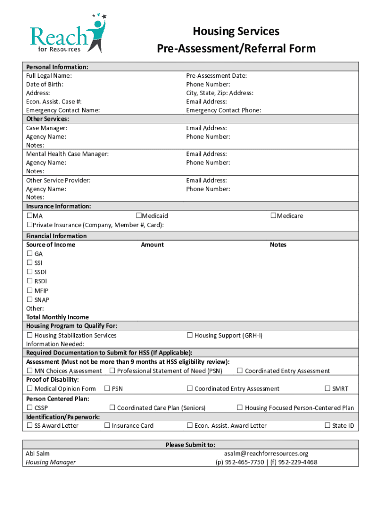 Fillable Online Housing Services Pre-Assessment/Referral Form Fax Email ...