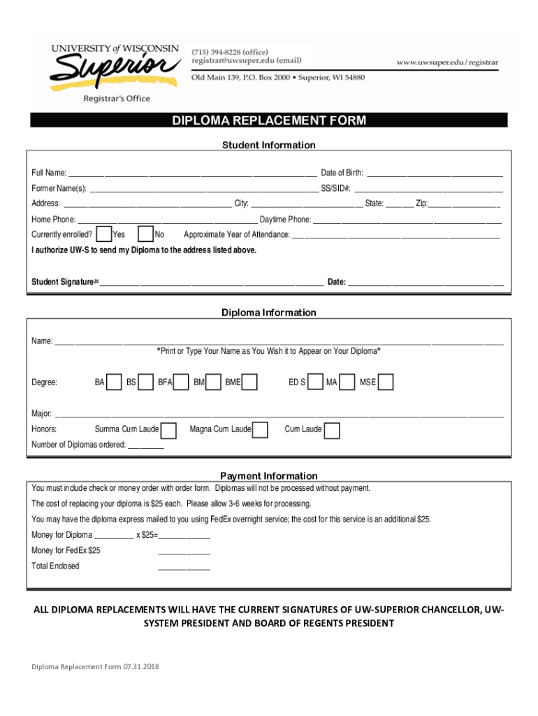 Fillable Online Diploma-Replacement-Request-with- ... Fax Email Print ...