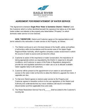 Fillable Online AGREEMENT FOR REINSTATEMENT OF WATER SERVICE Fax Email ...