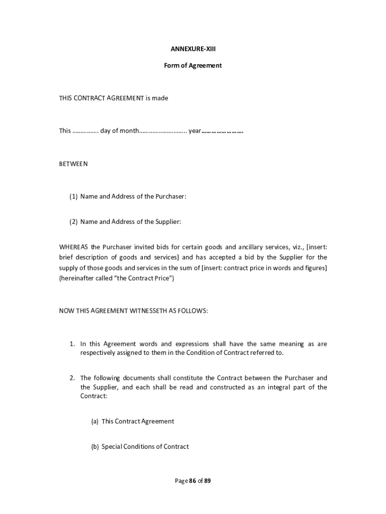Fillable Online ANNEXURE-XIII Form of Agreement THIS CONTRACT ... Fax ...