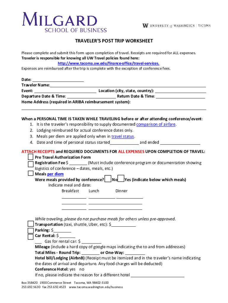 Fillable Online TRAVELER'S POST TRIP WORKSHEET Fax Email Print - pdfFiller
