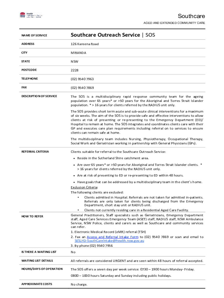 Fillable Online Southcare Outreach Service - Fill Online, Printable ...