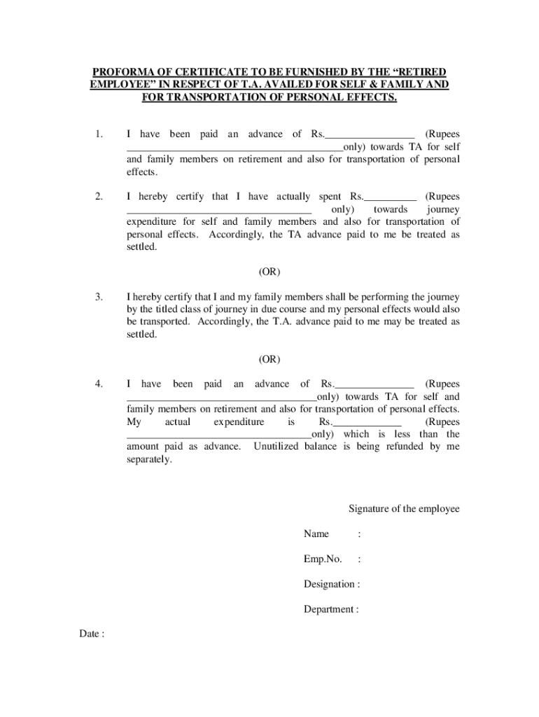 Fillable Online proforma of certificate to be furnished by the retired ...