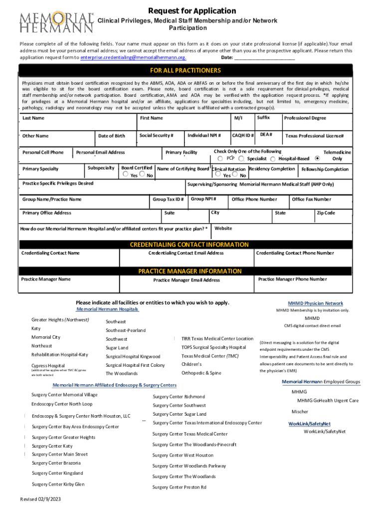 Fillable Online Request for Application Katy - MHMD - Memorial Hermann ...