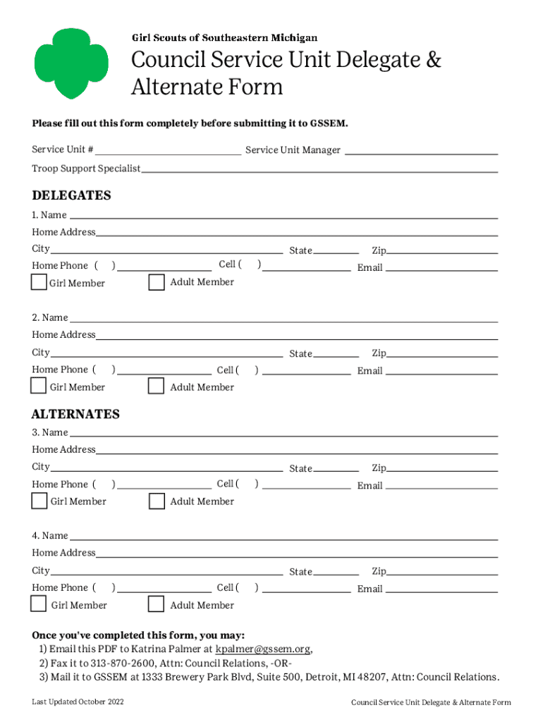 Fillable Online Council Service Unit Delegate and Alternate Form. This ...