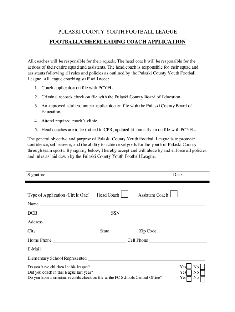 Fillable Online Pulaski County Youth Football League - Coach ...