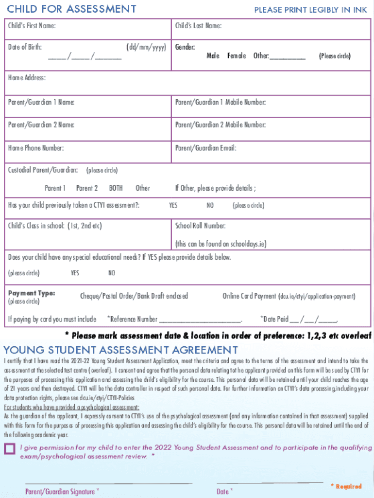 Fillable Online CHILD FOR ASSESSMENT YOUNG STUDENT ... Fax Email Print ...