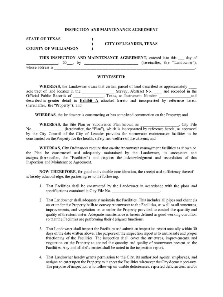 Fillable Online INSPECTION AND MAINTENANCE AGREEMENT CITY OF LEANDER ...
