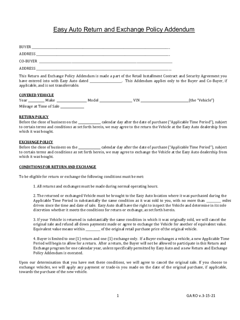 Fillable Online ADDENDUM To Motor Vehicle Retail Installment Sales ...