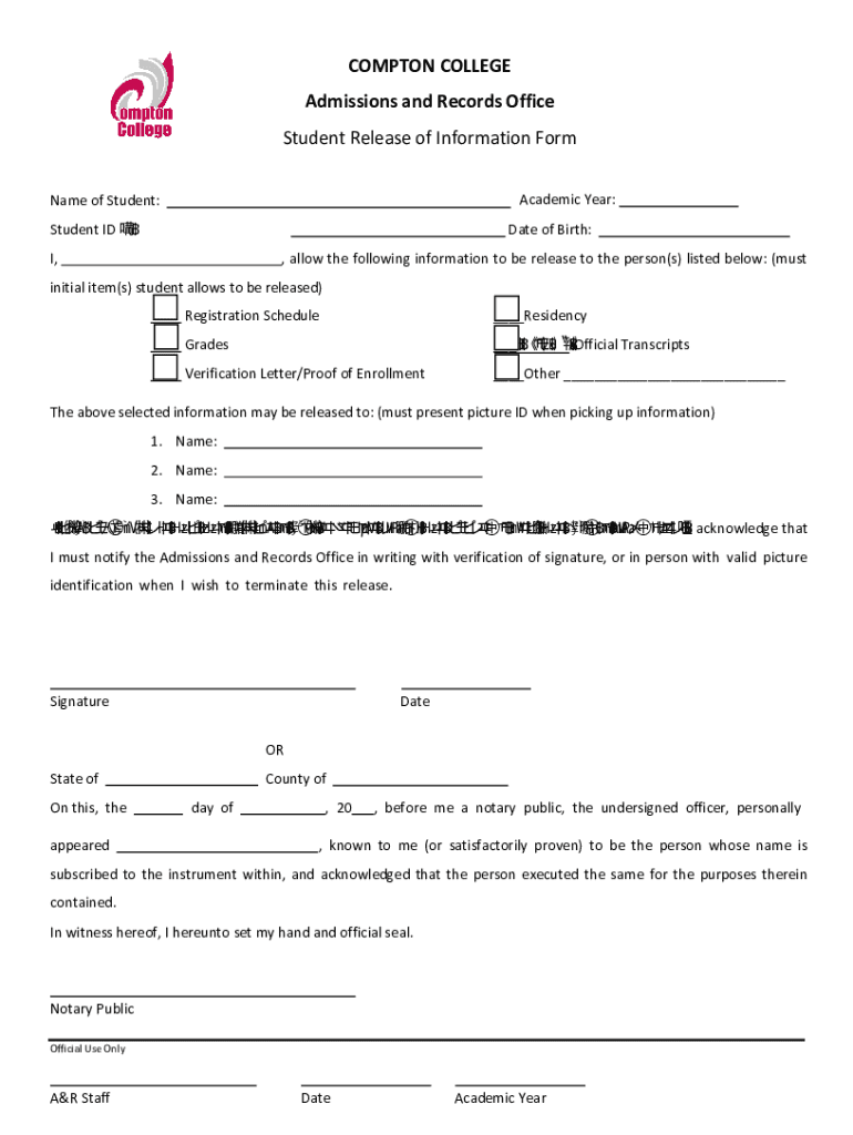 Fillable Online Student Release of Information Form. Student Release of ...