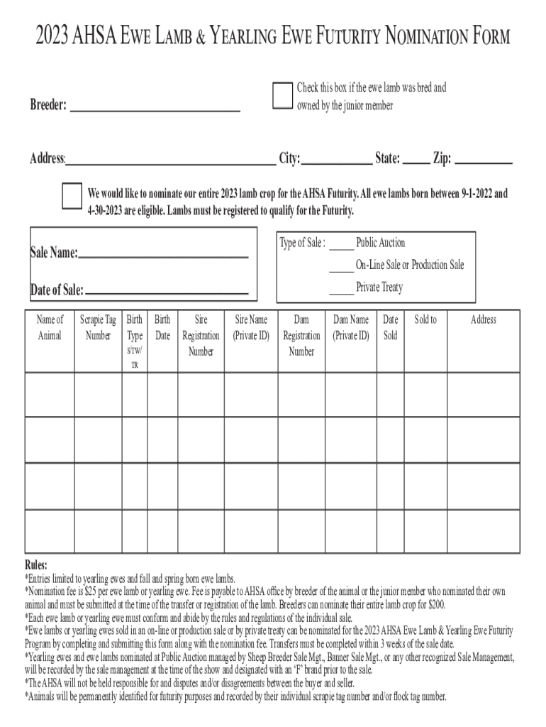 Fillable Online 2023 AHSA Ewe Lamb & Yearling Ewe Futurity Nomination Form Fax Email Print ...