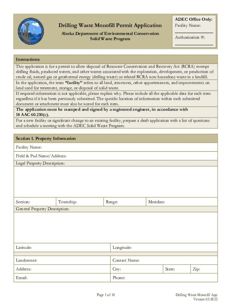 Fillable Online dec alaska Drilling Waste Landfill Permit Application ...