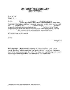 Fillable Online Utah Notary Acknowledgement - Corporation Fax Email ...