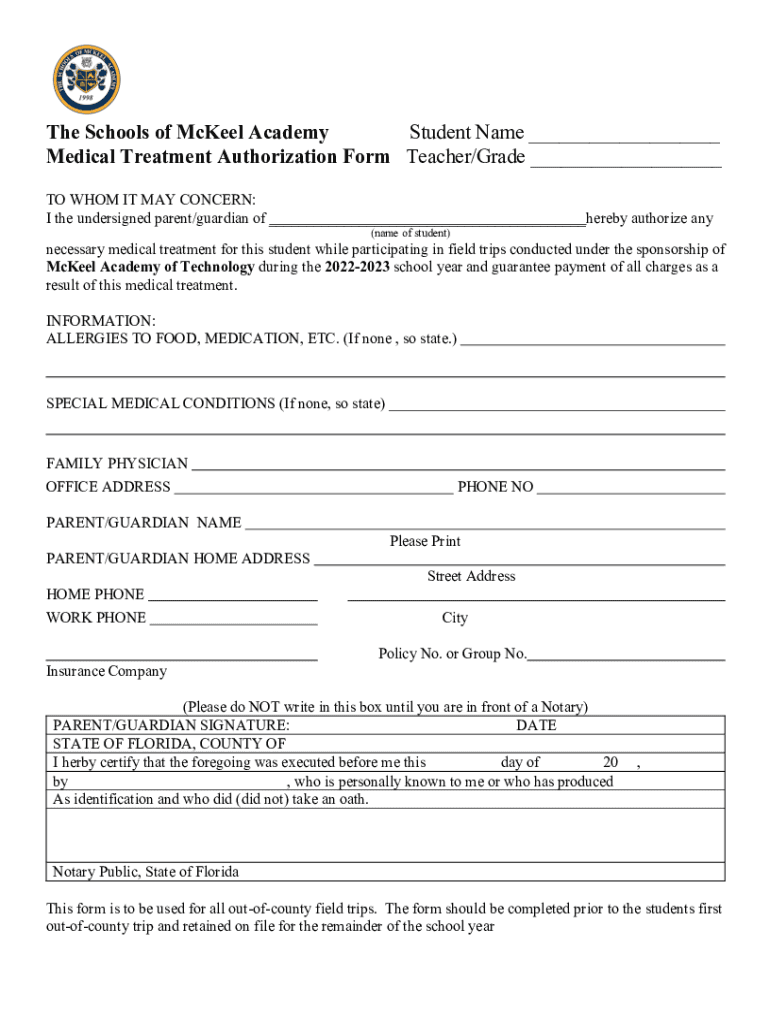 Fillable Online Medical Treatment Authorization Form Teacher/Grade Fax ...